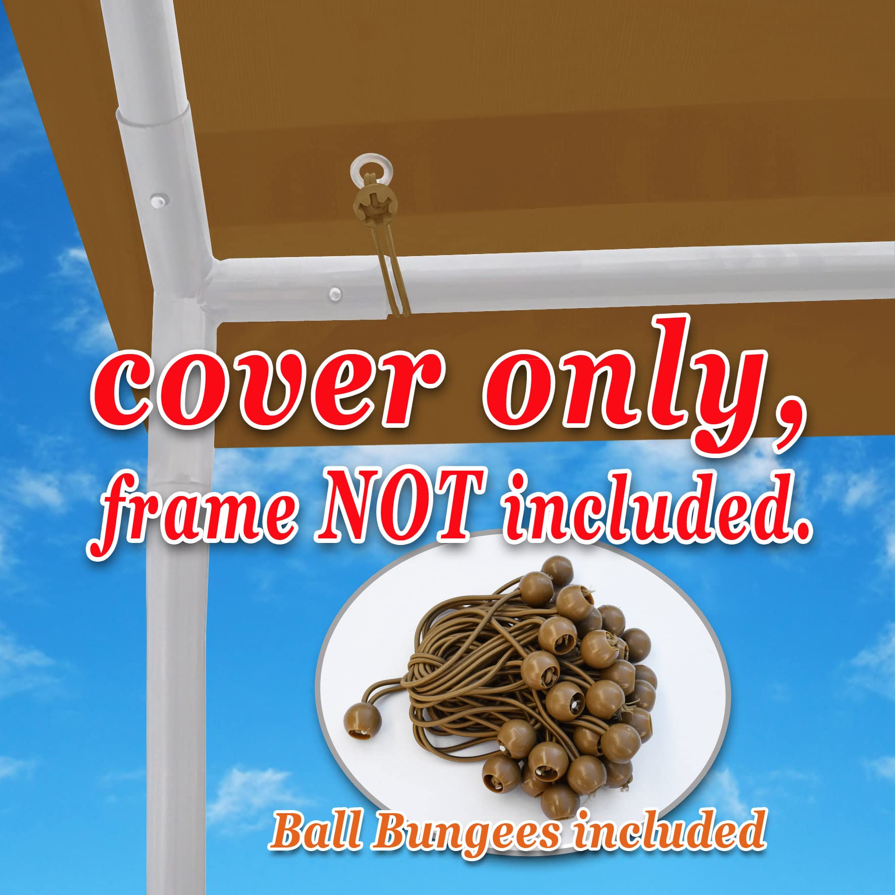 Strong Camel Outdoor Carport Conopy Cover 10x20 FT Replacement for Car Tent Top with Ball Bungees, TAN (Only Cover, Frame Not Included)