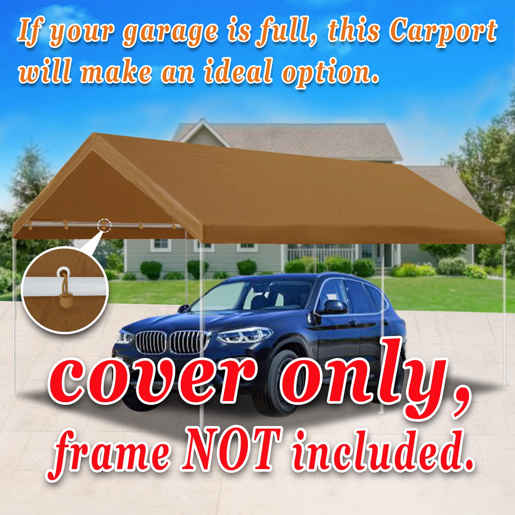 Strong Camel Outdoor Carport Conopy Cover 10x20 FT Replacement for Car Tent Top with Ball Bungees, TAN (Only Cover, Frame Not Included)