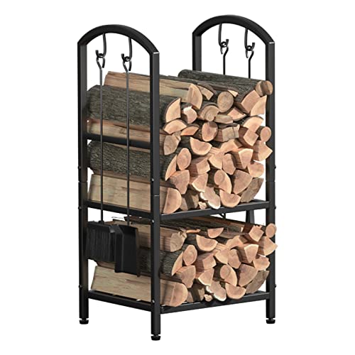 OROPY Firewood Rack with 4-Piece Tools Set, Heavy-duty Indoor Firewood Holder, Wrought Iron 32'' Tall Wood Rack for Fireplace Hearth Stove Fire Pit