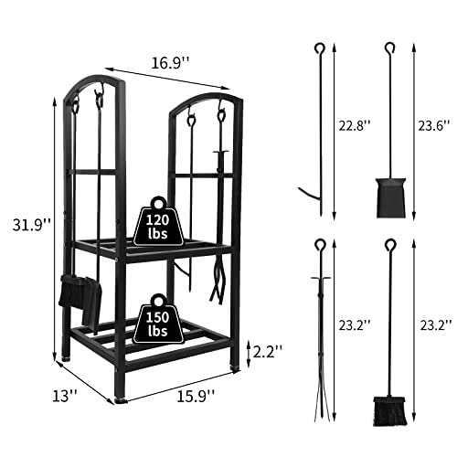 OROPY Firewood Rack with 4-Piece Tools Set, Heavy-duty Indoor Firewood Holder, Wrought Iron 32'' Tall Wood Rack for Fireplace Hearth Stove Fire Pit