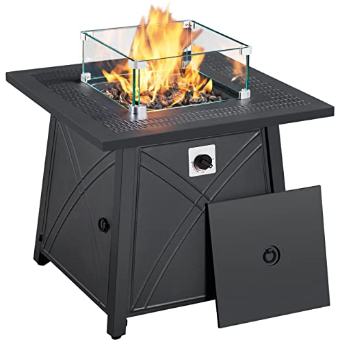 Yaheetech 28 in Outdoor Gas Fire Pit Table with Glass Wind Guard, Lava Rocks and Lid, 50,000 BTU Square Propane Fire Pit for Patio Party Garden Backyard Deck, Heavy Duty Gas Firepit, Black