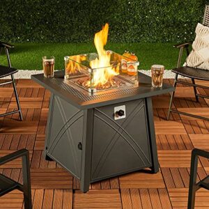 Yaheetech 28 in Outdoor Gas Fire Pit Table with Glass Wind Guard, Lava Rocks and Lid, 50,000 BTU Square Propane Fire Pit for Patio Party Garden Backyard Deck, Heavy Duty Gas Firepit, Black