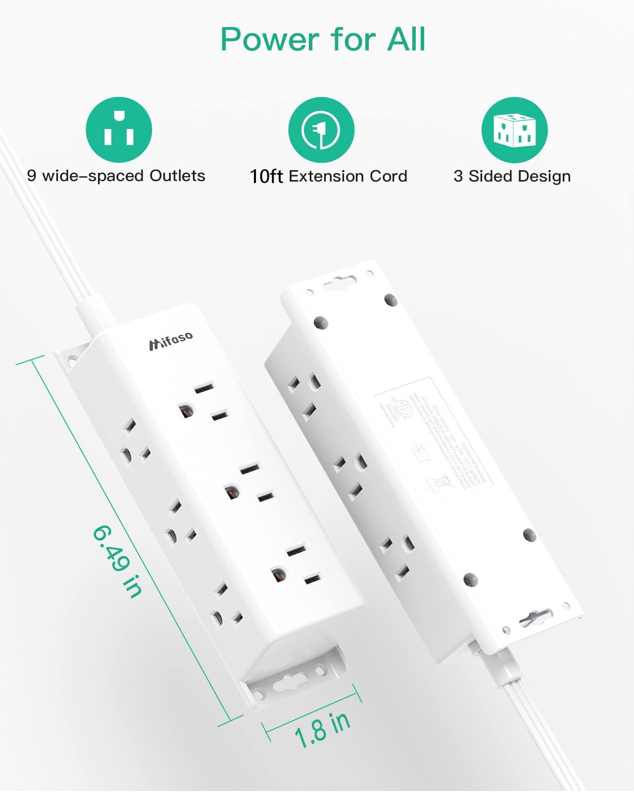 10FT Power Strip with 9 AC Outlets + 10FT Power Strip with USB