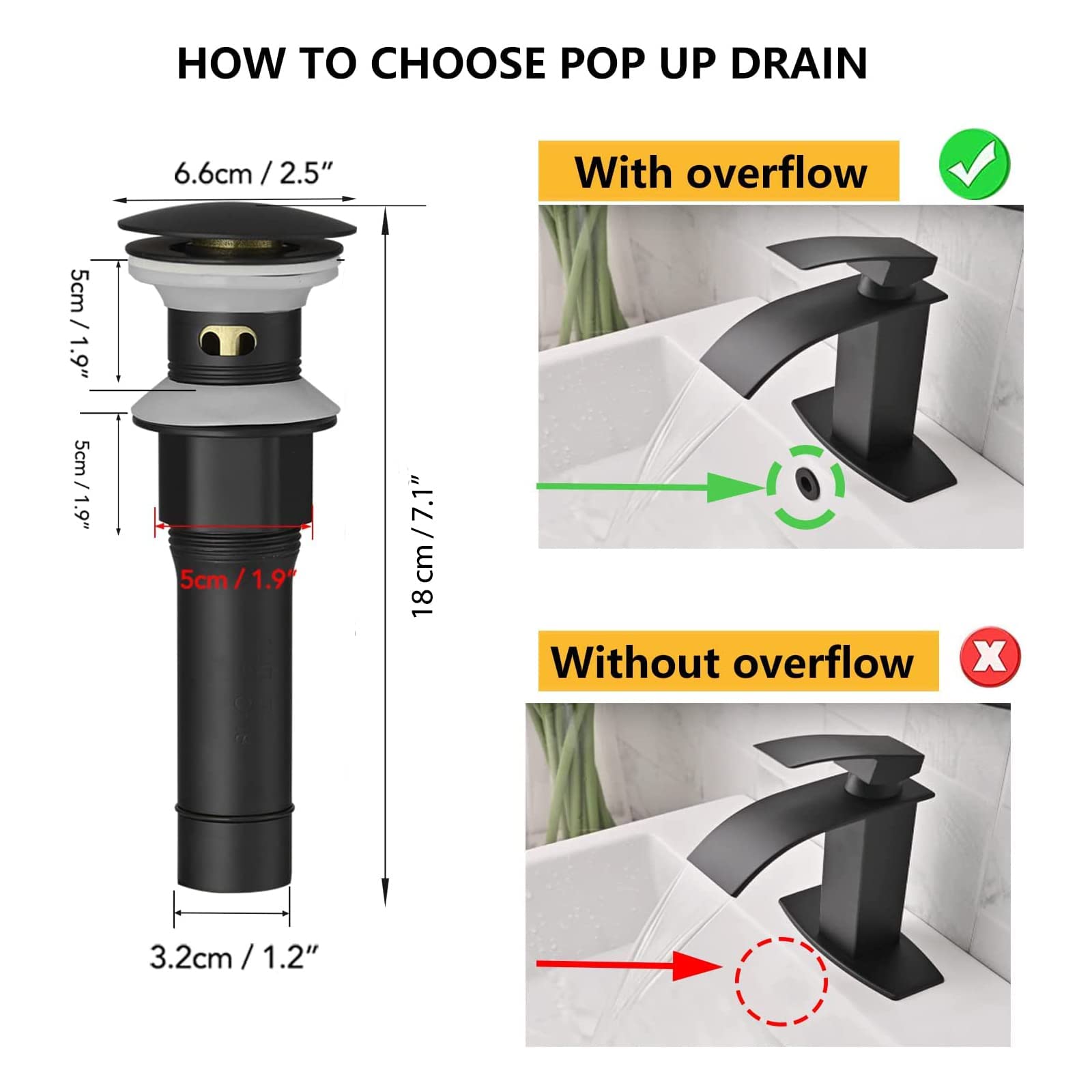 Hoimpro Black Waterfall Bathroom Faucet with cUPC Supply Lines, Single Handle Bathroom Sink Faucet with Pop-up Drain, Rv Vanity Vessel Faucet with Deck Plate, Matte Black, 1 or 3 Hole