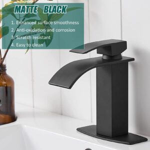 Hoimpro Black Waterfall Bathroom Faucet with cUPC Supply Lines, Single Handle Bathroom Sink Faucet with Pop-up Drain, Rv Vanity Vessel Faucet with Deck Plate, Matte Black, 1 or 3 Hole