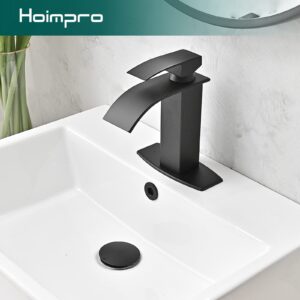 Hoimpro Black Waterfall Bathroom Faucet with cUPC Supply Lines, Single Handle Bathroom Sink Faucet with Pop-up Drain, Rv Vanity Vessel Faucet with Deck Plate, Matte Black, 1 or 3 Hole