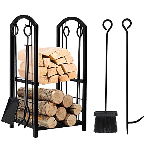 Carivia Firewood Rack Indoor Fireplace Tool Set Log Holder Log Rack with 4 Tools Fireplace Tools Wood Rack Wood Log Storage Stacker Stand for Outdoor Patio Fireplace Stove