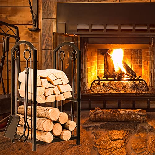 Carivia Firewood Rack Indoor Fireplace Tool Set Log Holder Log Rack with 4 Tools Fireplace Tools Wood Rack Wood Log Storage Stacker Stand for Outdoor Patio Fireplace Stove