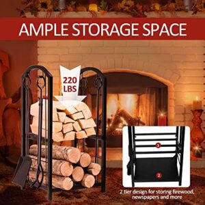 Carivia Firewood Rack Indoor Fireplace Tool Set Log Holder Log Rack with 4 Tools Fireplace Tools Wood Rack Wood Log Storage Stacker Stand for Outdoor Patio Fireplace Stove