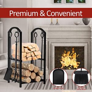 Carivia Firewood Rack Indoor Fireplace Tool Set Log Holder Log Rack with 4 Tools Fireplace Tools Wood Rack Wood Log Storage Stacker Stand for Outdoor Patio Fireplace Stove