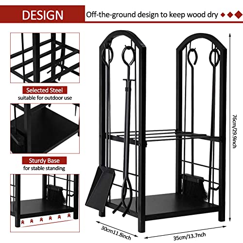 Carivia Firewood Rack Indoor Fireplace Tool Set Log Holder Log Rack with 4 Tools Fireplace Tools Wood Rack Wood Log Storage Stacker Stand for Outdoor Patio Fireplace Stove