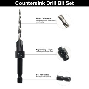 GMTOOLS Countersink Drill Bit Set, 5Pcs Tapered Drill Bits M2 HSS, with 1/4" Hex Shank Quick Change and Allen Wrench, Counter Sinker Set for Woodworking and Carpentry, Pilot Screw Hole Set