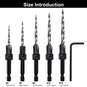 GMTOOLS Countersink Drill Bit Set, 5Pcs Tapered Drill Bits M2 HSS, with 1/4" Hex Shank Quick Change and Allen Wrench, Counter Sinker Set for Woodworking and Carpentry, Pilot Screw Hole Set