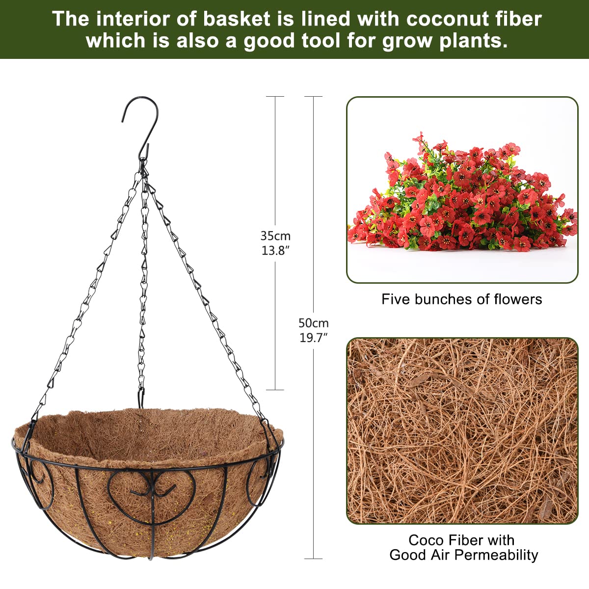 ZFProcess Artificial Silk Flowers in Hanging Basket Outdoor Indoor Patio Lawn Garden Decor,Hanging Daisy Basket with 12inch Coconut Lining Chain Palm Flowerpot(Red)