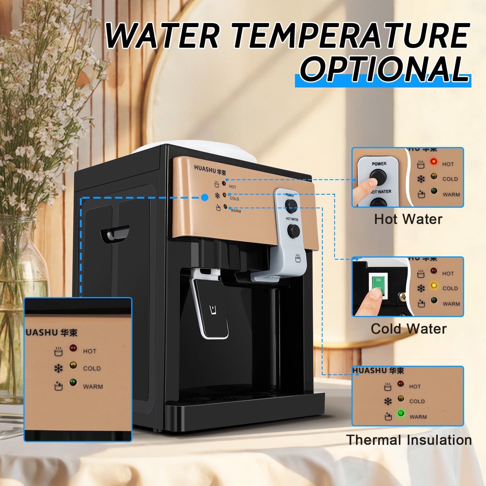 SNKOURIN Water Cooler Dispenser 5 Gallon,Electric Hot & Cold Water Cooler Dispenser,3 Temperature Settings,Top Loading Water Cooler Dispenser for Home Office Coffee Tea Bar Dormitory,Champagne Gold