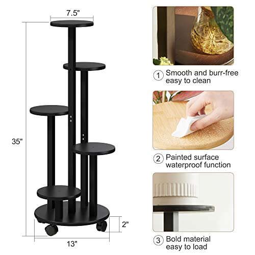 FILWH 5 Tier Plant Stand For Outdoor Indoor Tall Bamboo Movable Flower Stand With Wheels Plant Shelf Pot Holder Plants Corner Display Rack Multiple Planter for Living Room Balcony Garden Patio(Black)