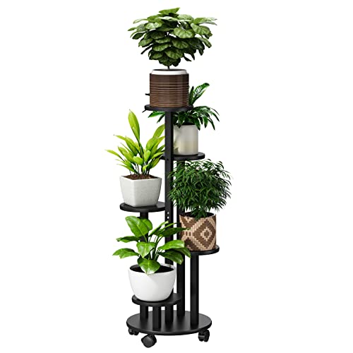 FILWH 5 Tier Plant Stand For Outdoor Indoor Tall Bamboo Movable Flower Stand With Wheels Plant Shelf Pot Holder Plants Corner Display Rack Multiple Planter for Living Room Balcony Garden Patio(Black)