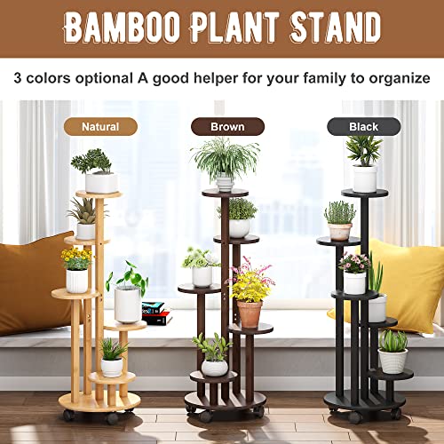 FILWH 5 Tier Plant Stand For Outdoor Indoor Tall Bamboo Movable Flower Stand With Wheels Plant Shelf Pot Holder Plants Corner Display Rack Multiple Planter for Living Room Balcony Garden Patio(Black)