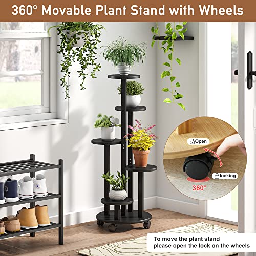 FILWH 5 Tier Plant Stand For Outdoor Indoor Tall Bamboo Movable Flower Stand With Wheels Plant Shelf Pot Holder Plants Corner Display Rack Multiple Planter for Living Room Balcony Garden Patio(Black)