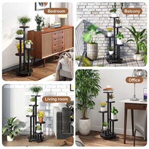 FILWH 5 Tier Plant Stand For Outdoor Indoor Tall Bamboo Movable Flower Stand With Wheels Plant Shelf Pot Holder Plants Corner Display Rack Multiple Planter for Living Room Balcony Garden Patio(Black)