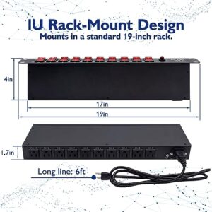 10 Outlet Horizontal 1U Rack Mount PDU Power Strip - Surge Protection,10 Individual Led Switches，AC 100V-240V-15A.for Network Server Racks, 6 Feet Heavy Power Cord