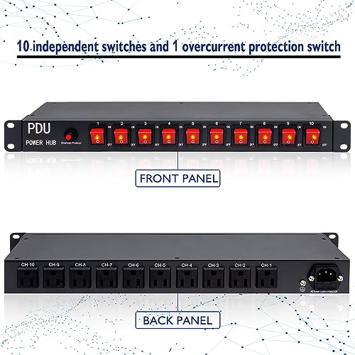 10 Outlet Horizontal 1U Rack Mount PDU Power Strip - Surge Protection,10 Individual Led Switches，AC 100V-240V-15A.for Network Server Racks, 6 Feet Heavy Power Cord