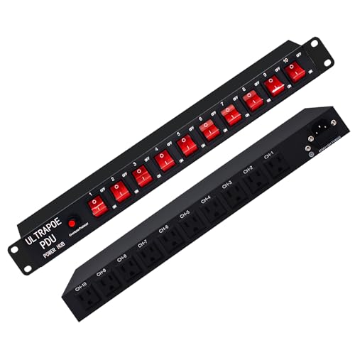 UltraPoE 10 Outlets 1U Rack Mount Power Strip, 100-240V/15A/1800 Joules，for Network Server Racks - Surge Protector，6FT Power Cable，Rack Mount Power Strips with 10 Individual Switch