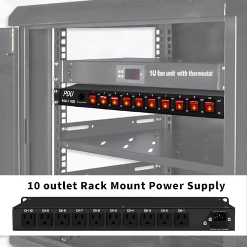 UltraPoE 10 Outlets 1U Rack Mount Power Strip, 100-240V/15A/1800 Joules，for Network Server Racks - Surge Protector，6FT Power Cable，Rack Mount Power Strips with 10 Individual Switch