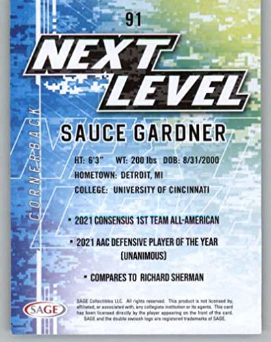 2022 Sage High Series #91 Sauce Gardner Next Level Cincinnati RC Rookie Football Trading Card