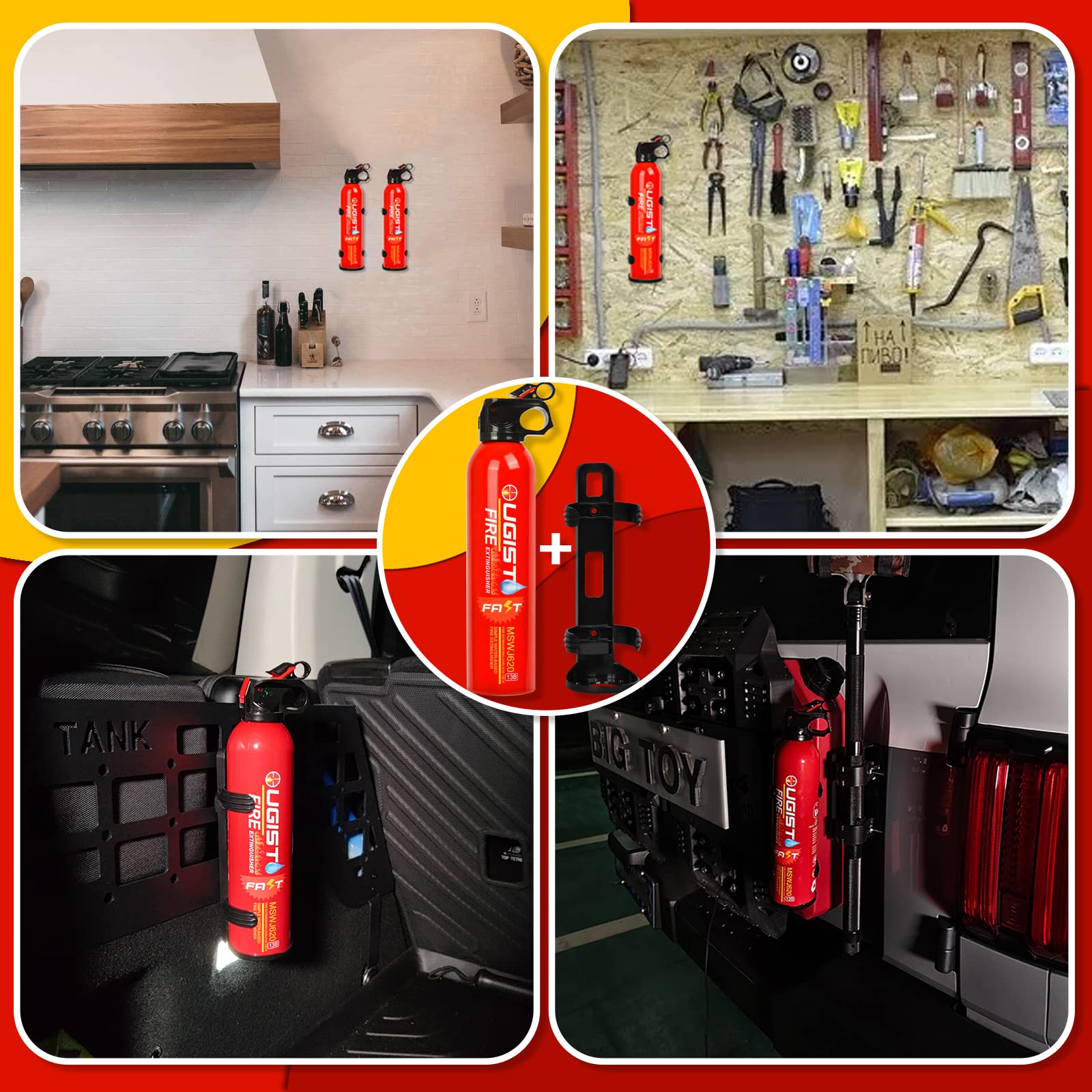 3Pcs Fire Extinguisher for home with Bracket Ougist 620ml Fire Extinguishers for the House/Car/Kitchen, which can prevent re-ignition-Easy to Clean.