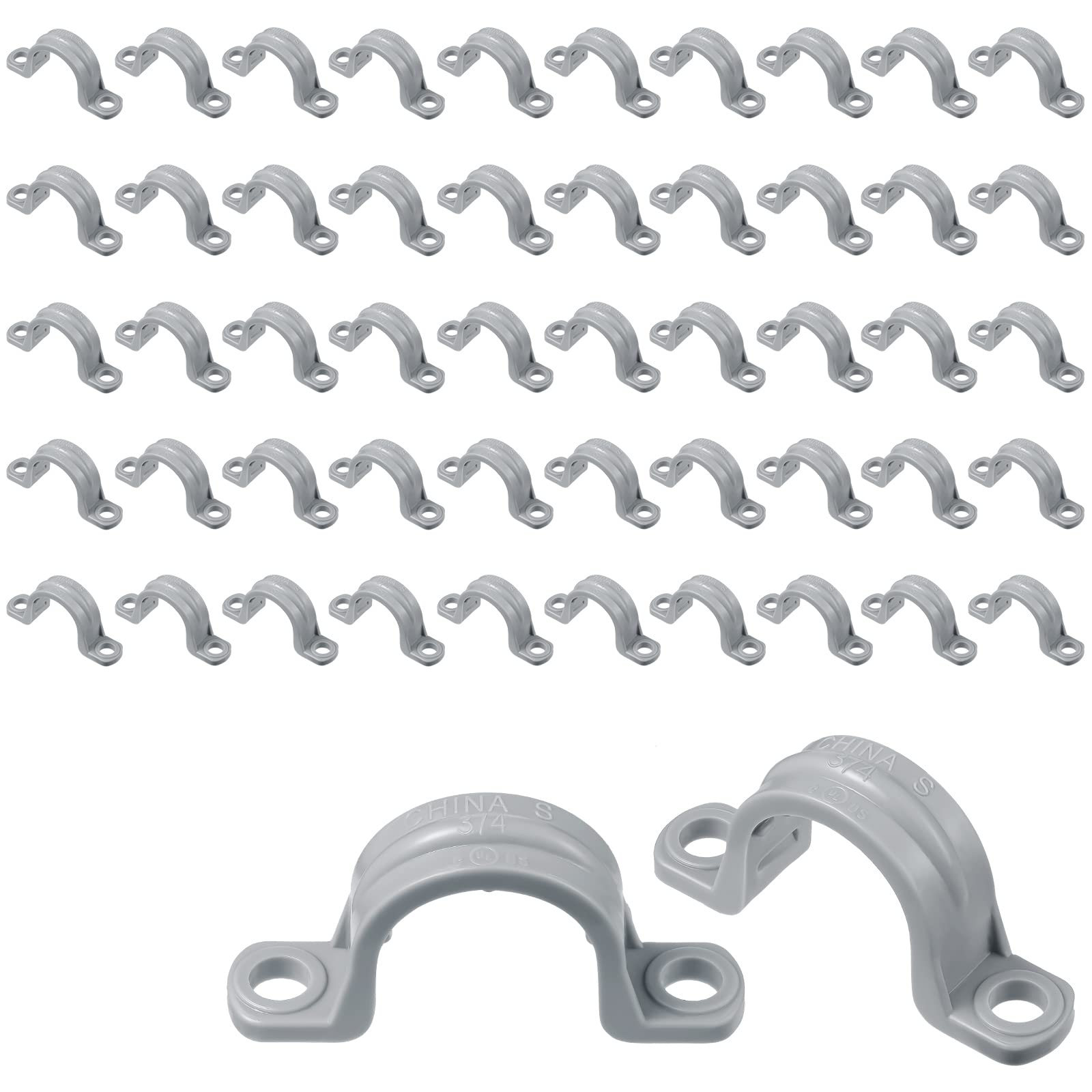 PVC Pipe Strap Two Hole Plastic Conduit Strap Grey Pipe Clamps Heavy Duty Conduit Clamp U PVC Clip 2 Holes PVC Pipe Mounting Bracket for PVC Pipe Conduit and Cables (50 Pcs,3/4 Inch)