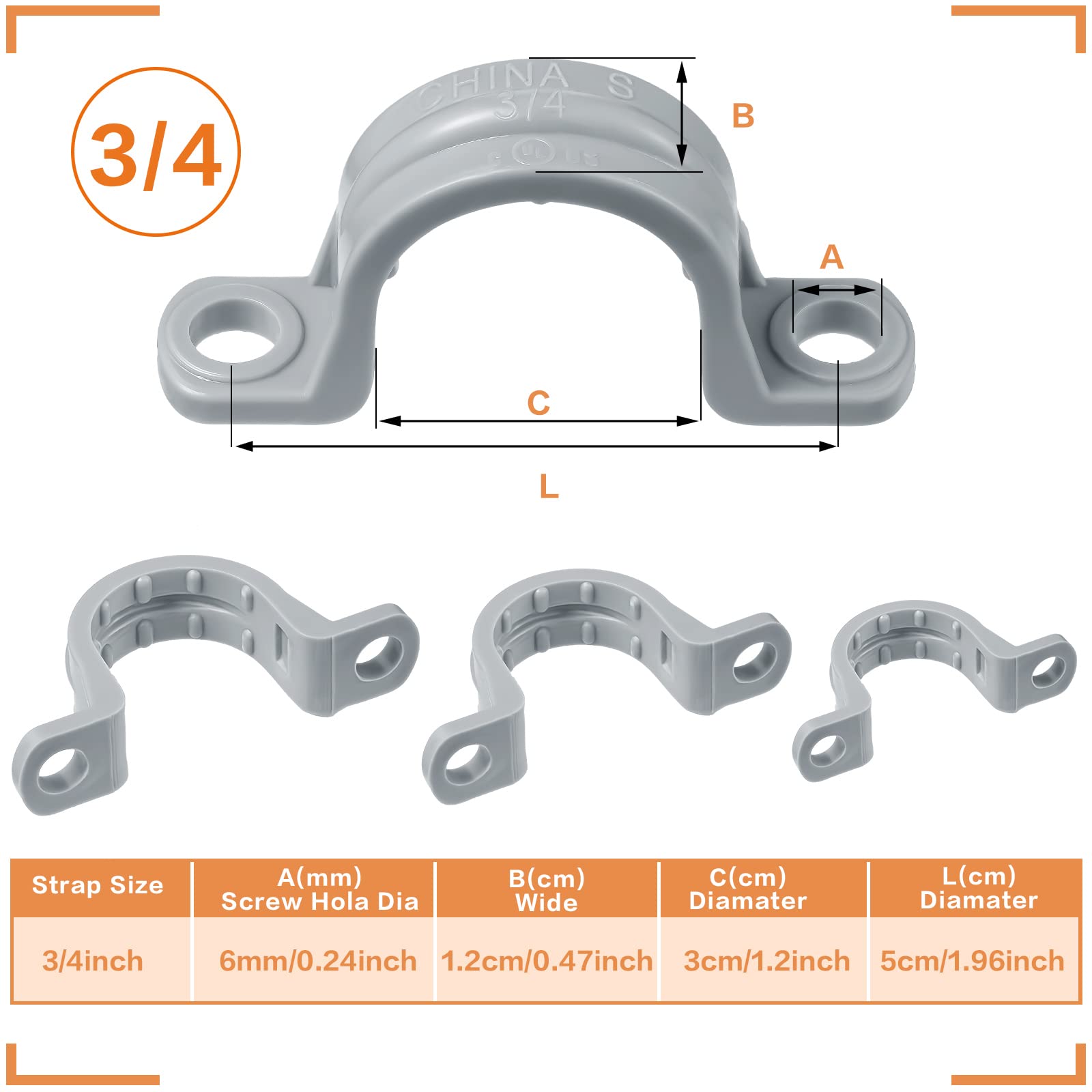 PVC Pipe Strap Two Hole Plastic Conduit Strap Grey Pipe Clamps Heavy Duty Conduit Clamp U PVC Clip 2 Holes PVC Pipe Mounting Bracket for PVC Pipe Conduit and Cables (50 Pcs,3/4 Inch)