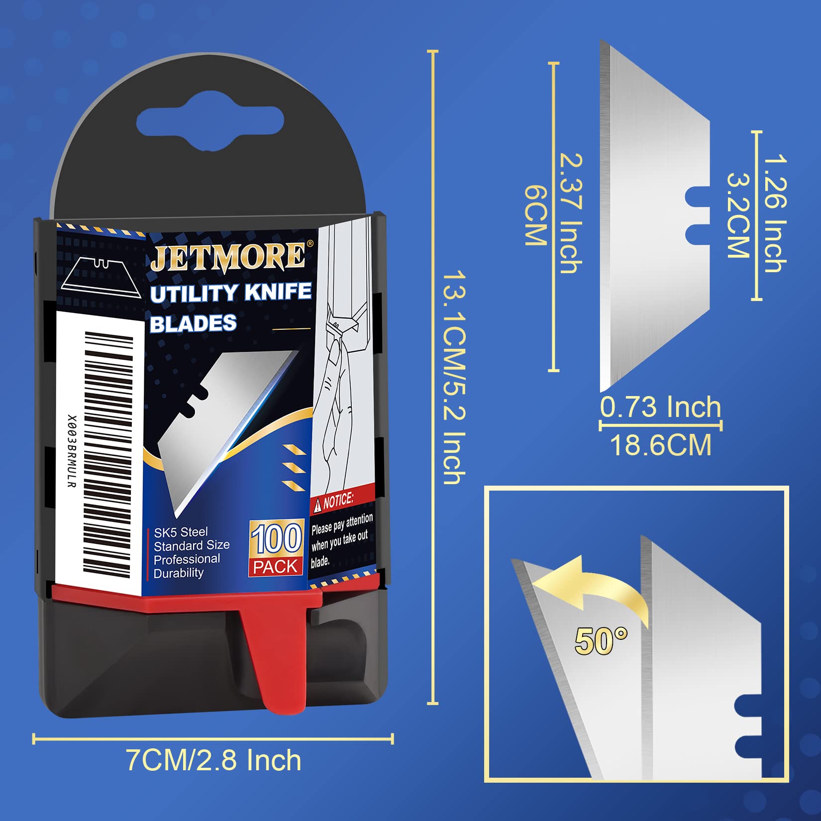 JETMORE 100 Pack Utility Knife Blades, Box Cutter Blades with Dispenser, SK5 High Carbon Steel Heavy Duty Utility Knife Replacement Blades, Standard Size Sharp Blades for Most Box Cutter