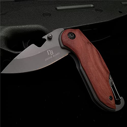 Folding Pocket Knife Wood Handle 7Cr13Mov Steel Blade Pocket Hunting Knife Outdoor Camping Multi-tool Survival Knife EDC for Men Women's Gift