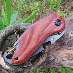 Folding Pocket Knife Wood Handle 7Cr13Mov Steel Blade Pocket Hunting Knife Outdoor Camping Multi-tool Survival Knife EDC for Men Women's Gift