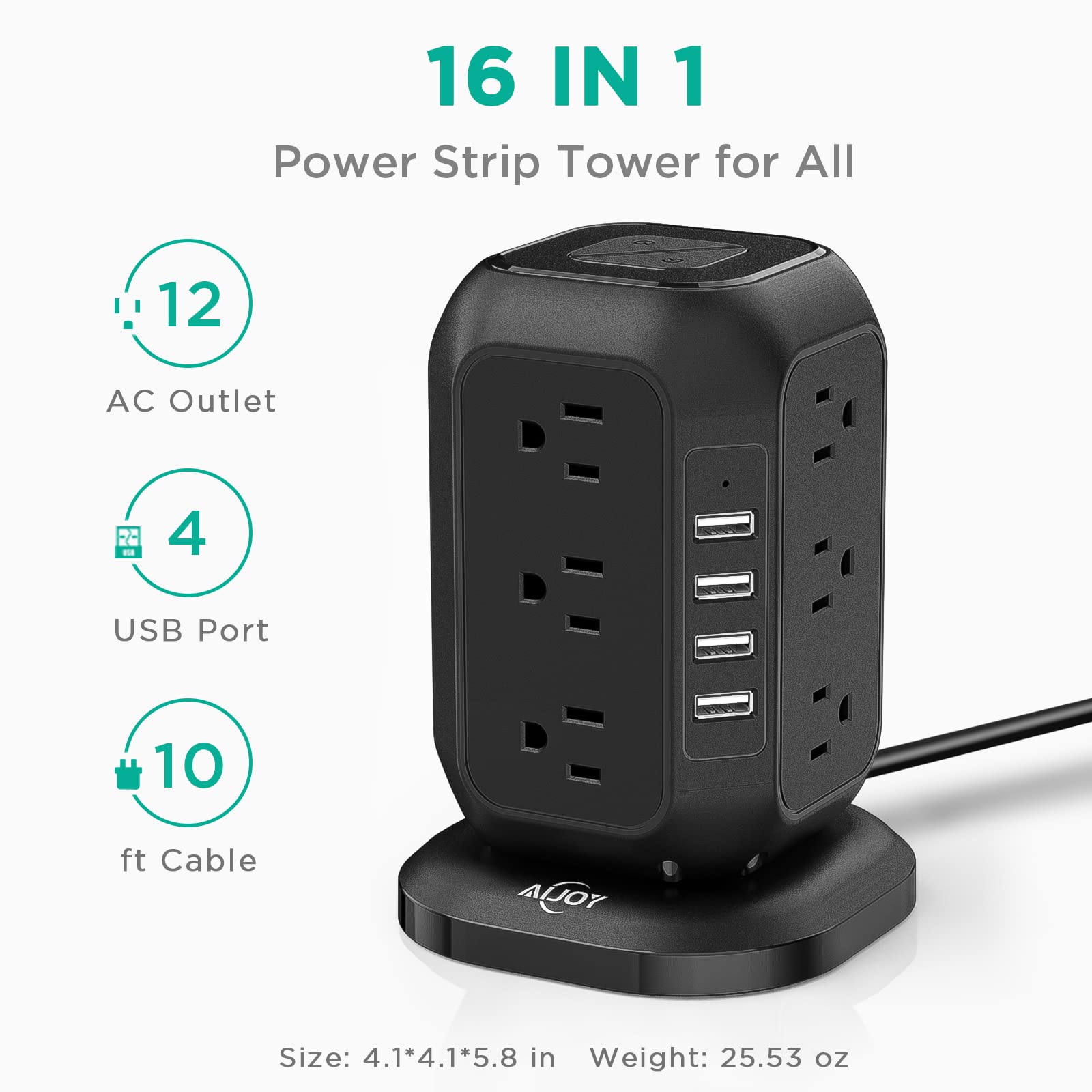 AiJoy Power Strip with USB C Ports & Power Strip Tower with USB Ports, Charging Station Extension Cord with Multiple Outlets for Home, Office, Dorm Room Essentials