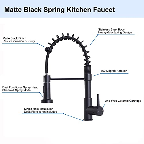 SHACO Matte Black Kitchen Faucet with Pull Down Sprayer, Modern Stainless Steel Single Handle Spring Kitchen Faucets for Farmhouse Outdoor RV Camper Laundry Prep Wet Bar Sink 1 Hole