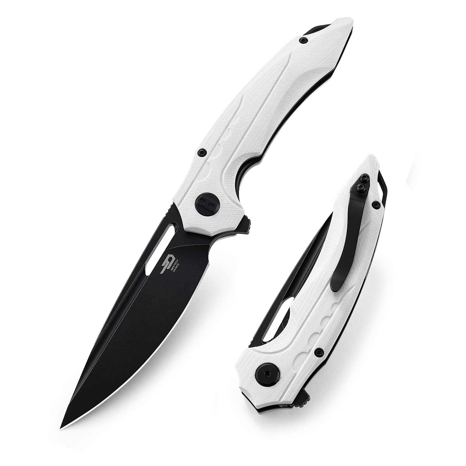 BESTECH KNIVES Pocket Folder Folding Knife: 3.54" D2 Steel Black Blade, G10 Handle, EDC Clip, BG50E (White)