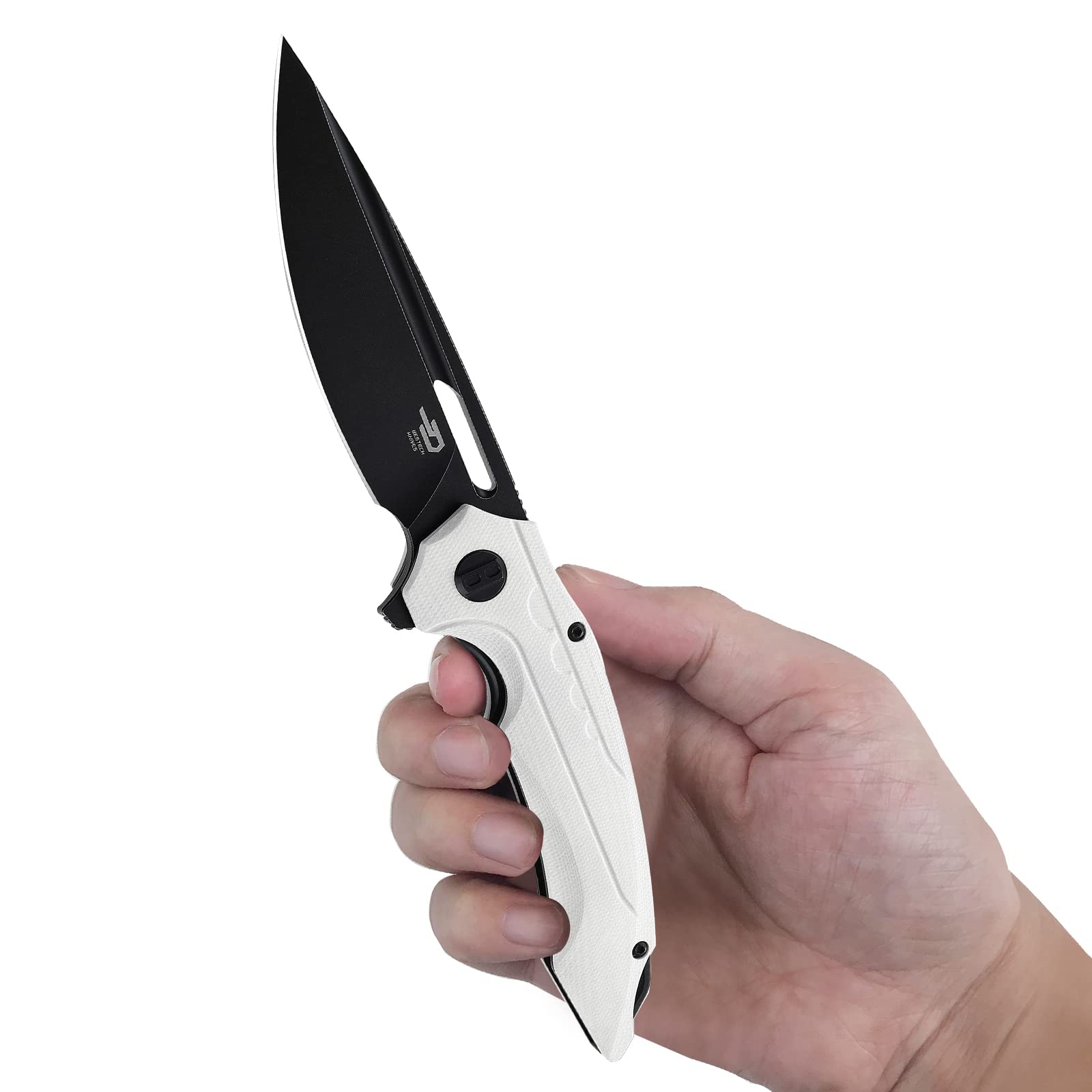 BESTECH KNIVES Pocket Folder Folding Knife: 3.54" D2 Steel Black Blade, G10 Handle, EDC Clip, BG50E (White)