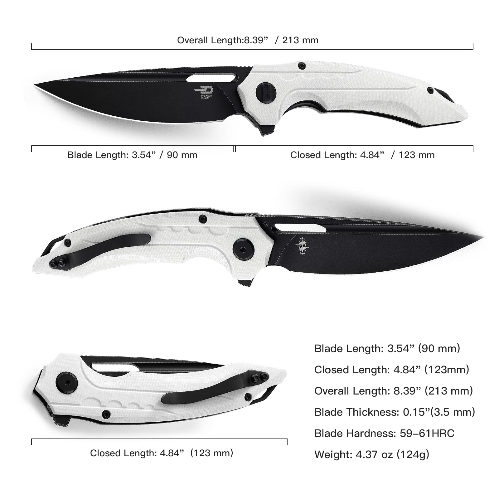 BESTECH KNIVES Pocket Folder Folding Knife: 3.54" D2 Steel Black Blade, G10 Handle, EDC Clip, BG50E (White)