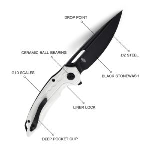 BESTECH KNIVES Pocket Folder Folding Knife: 3.54" D2 Steel Black Blade, G10 Handle, EDC Clip, BG50E (White)