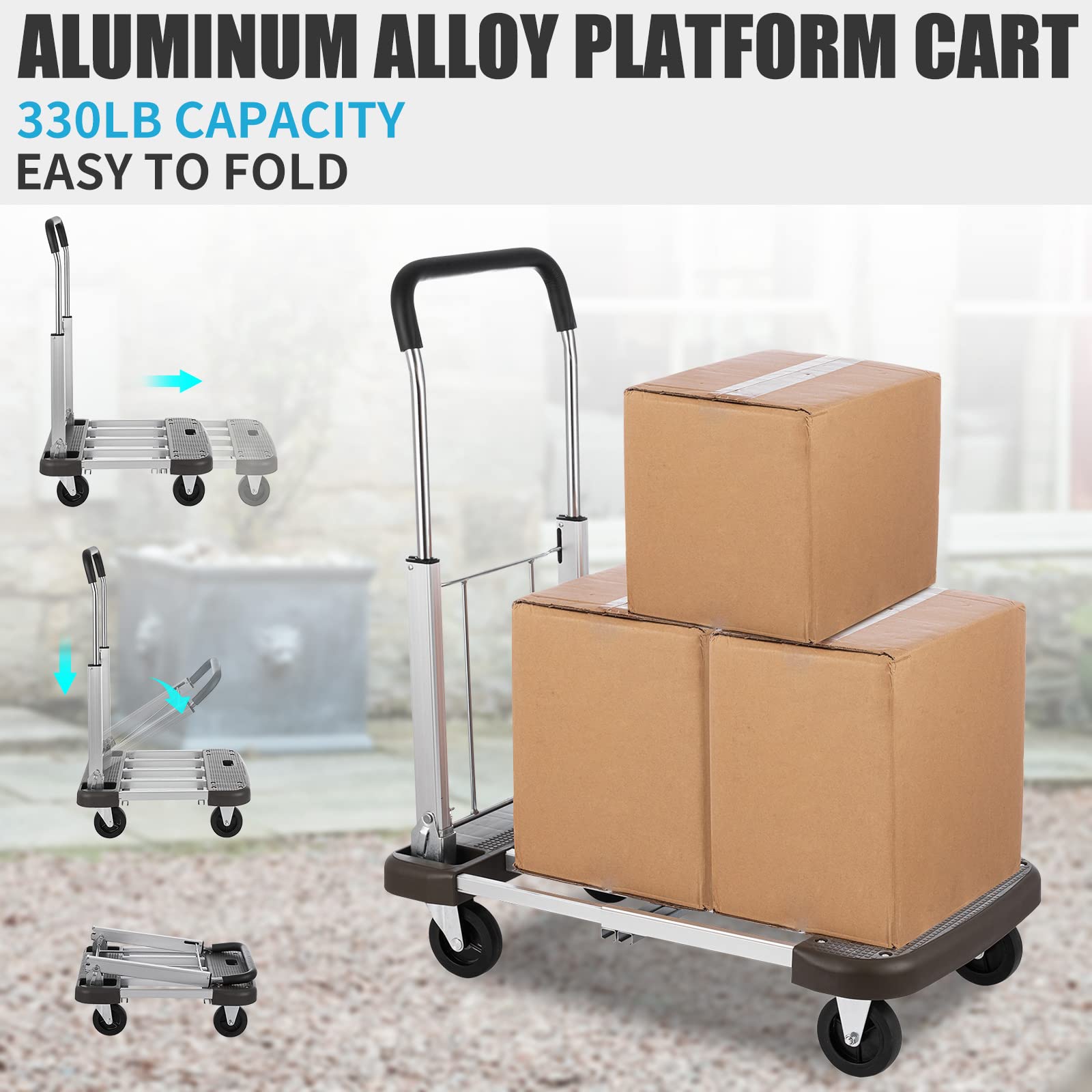 SmarketBuy Foldable Platform Cart 29" x 17" x 35" Aluminum Platform Truck 330lbs Capacity Folding Push Cart Adjustable Heavy Duty Platform Cart Dolly for Car House Office Luggage Moving