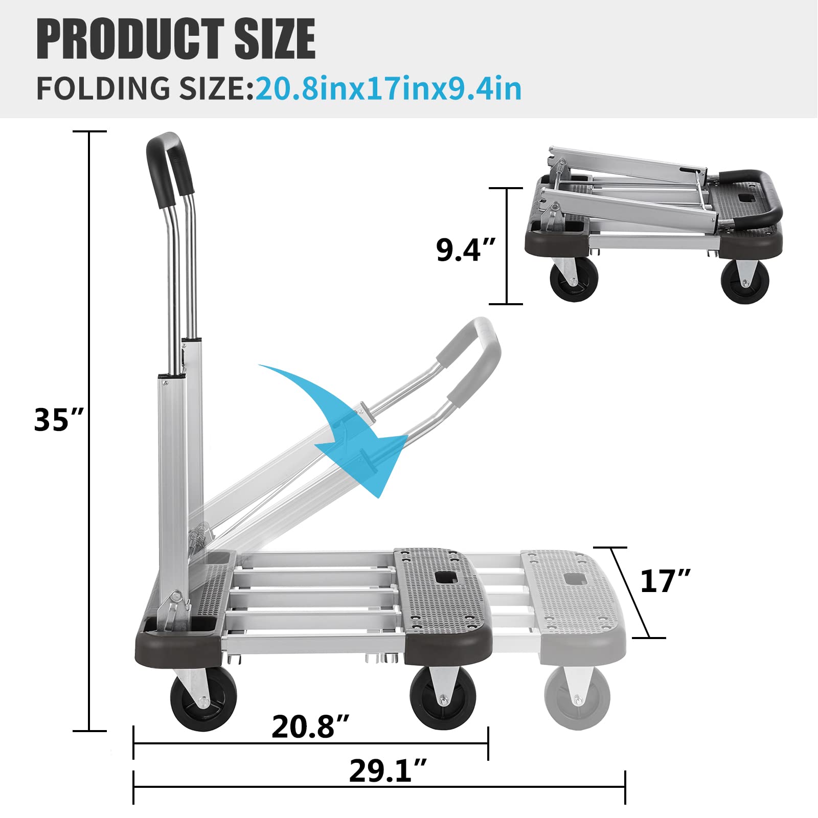 SmarketBuy Foldable Platform Cart 29" x 17" x 35" Aluminum Platform Truck 330lbs Capacity Folding Push Cart Adjustable Heavy Duty Platform Cart Dolly for Car House Office Luggage Moving