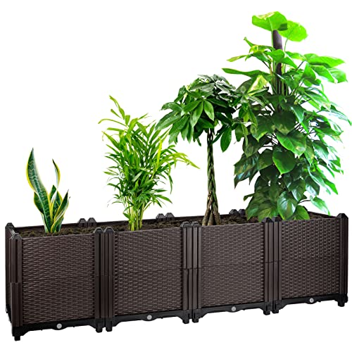 OMMO Deepened Raised Garden Beds Outdoor 4 Set, Plastic Planter Box Large Garden Bed Planter Pots for Patio Yard Balcony Deck Growing Plants, Vegetable, Fruits and Herbs (Install by Yourself Needed)