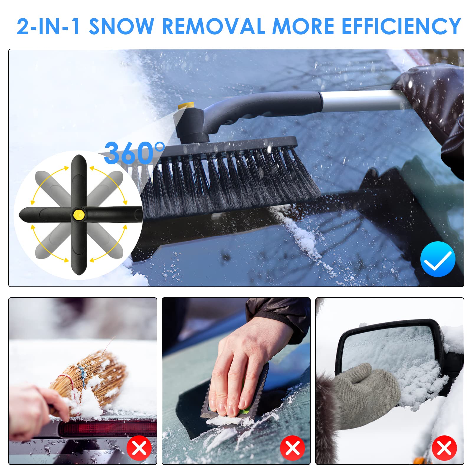 Qoosea Ice Scraper and Snow Brush for Car Windshield Extendable Snow Brush with Foam Grip and Soft Bristle Head Brush Supports 360° Degree Rotation for Car or Truck SUV Vehicle Window