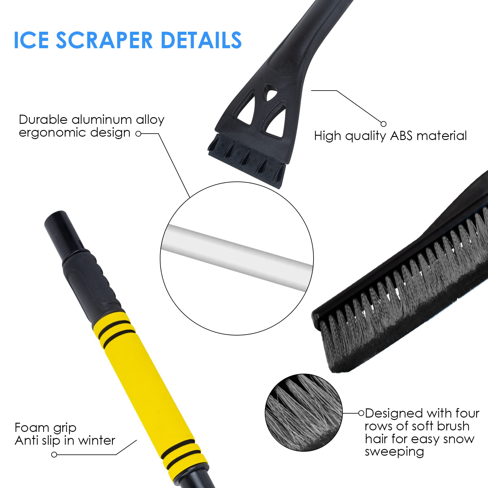 Qoosea Ice Scraper and Snow Brush for Car Windshield Extendable Snow Brush with Foam Grip and Soft Bristle Head Brush Supports 360° Degree Rotation for Car or Truck SUV Vehicle Window