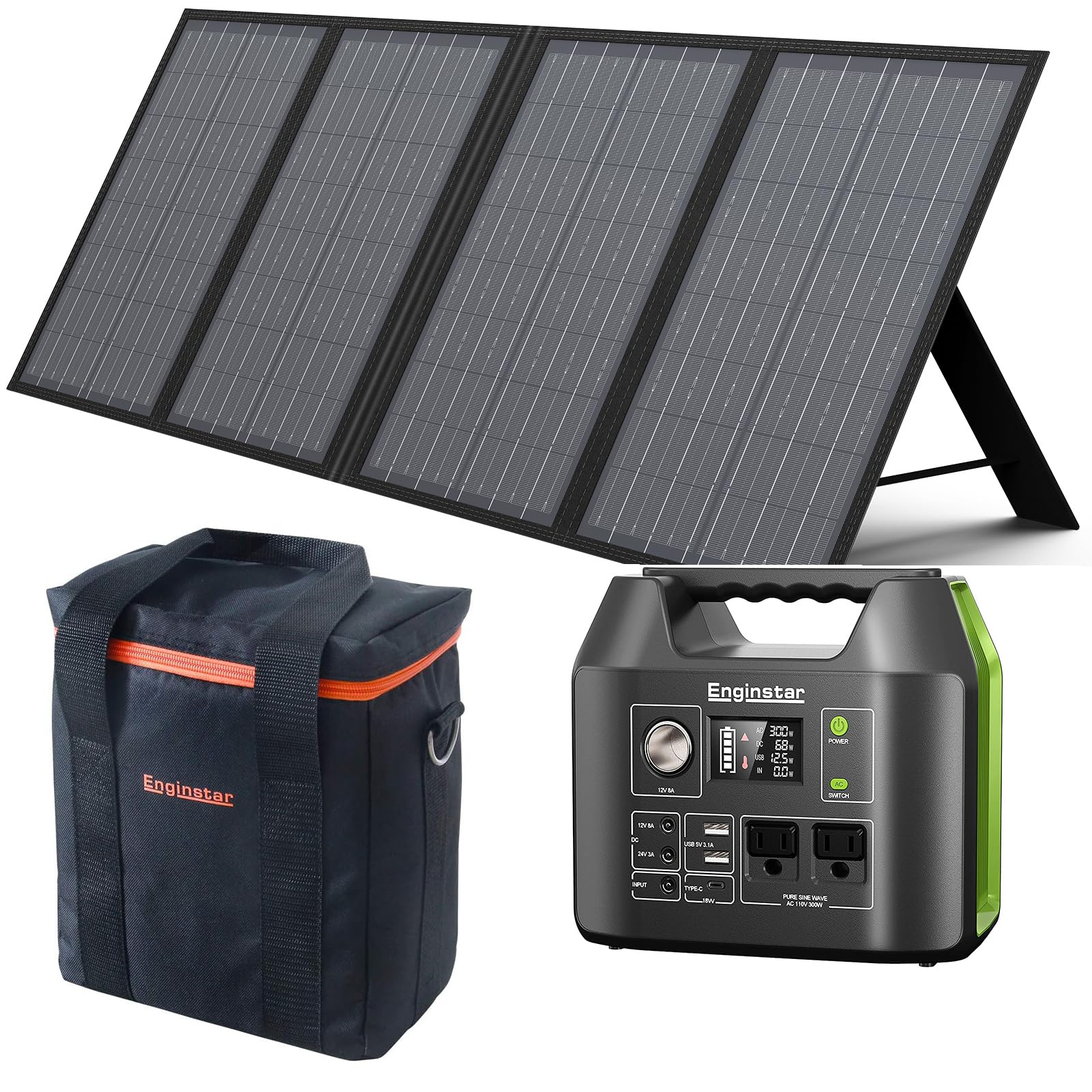 EnginStar Solar Generator 300W Green, 60W Solar Panel and Carry Bag, 80,000mAh Portable Power Bank with AC Outlet for Outdoors Camping Emergency Use