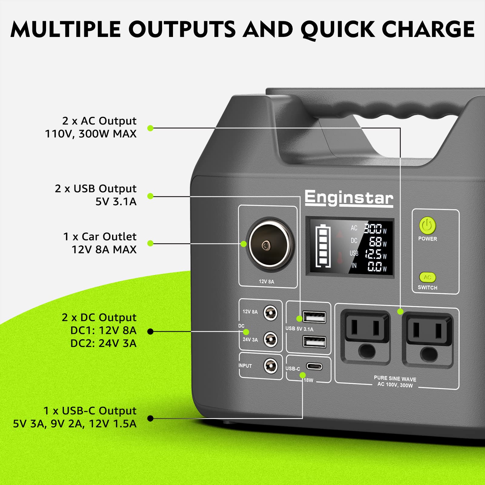 EnginStar Solar Generator 300W Green, 60W Solar Panel and Carry Bag, 80,000mAh Portable Power Bank with AC Outlet for Outdoors Camping Emergency Use