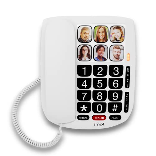 SMPL Hands-Free Dial Photo Memory Corded Phone, One-Touch Dialing, Large Buttons, Flashing Alerts, Durable, Perfect for Seniors, Alzheimer's, Dementia (6 Image | Amplify Switch)