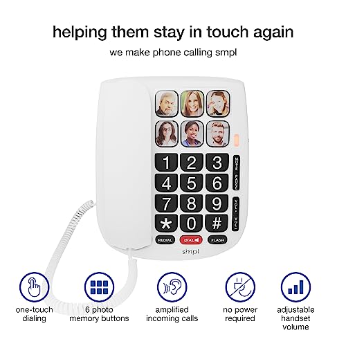 SMPL Hands-Free Dial Photo Memory Corded Phone, One-Touch Dialing, Large Buttons, Flashing Alerts, Durable, Perfect for Seniors, Alzheimer's, Dementia (6 Image | Amplify Switch)